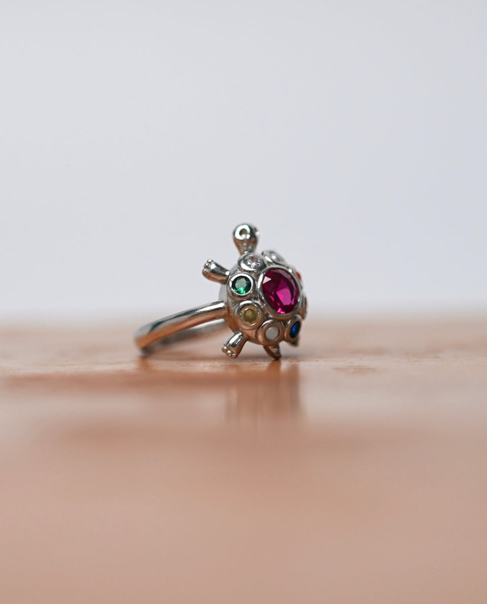 Silver Navaratna Model Tortoise Ring|Aama Mothiram – My Store
