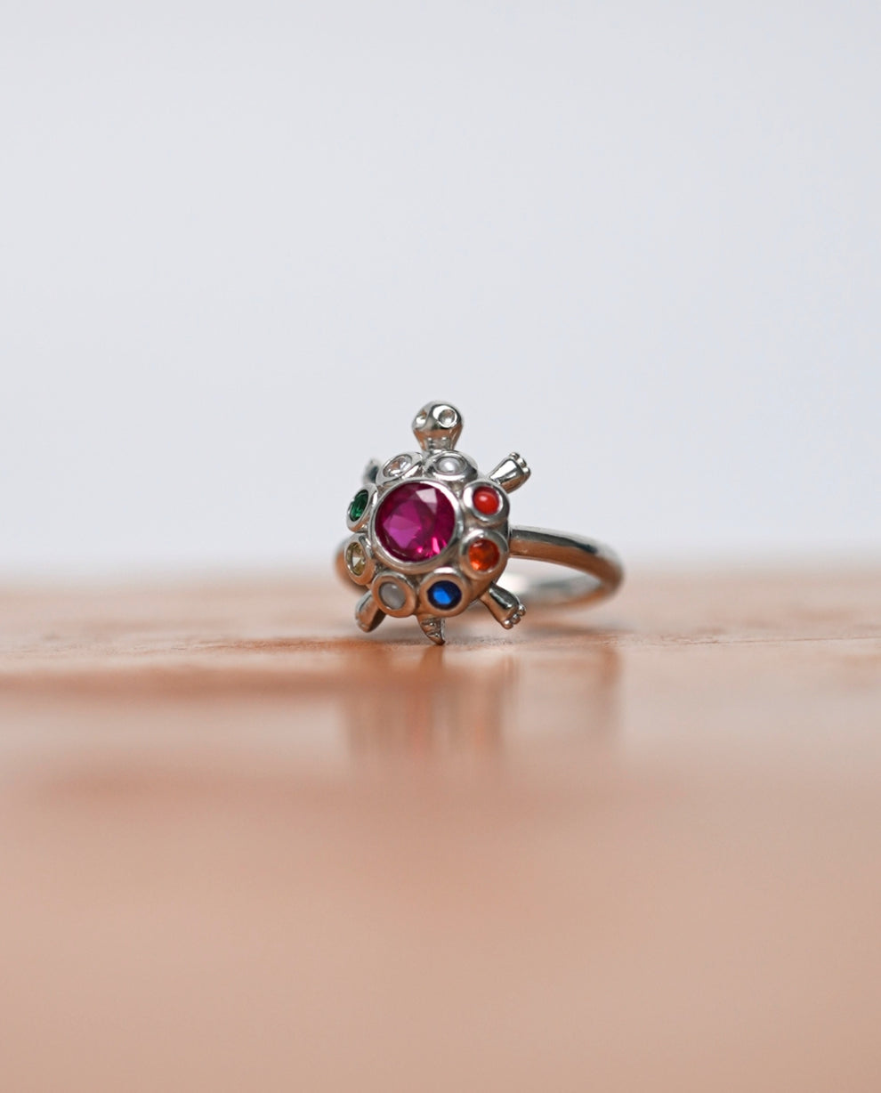 Silver Navaratna Model Tortoise Ring|Aama Mothiram – My Store